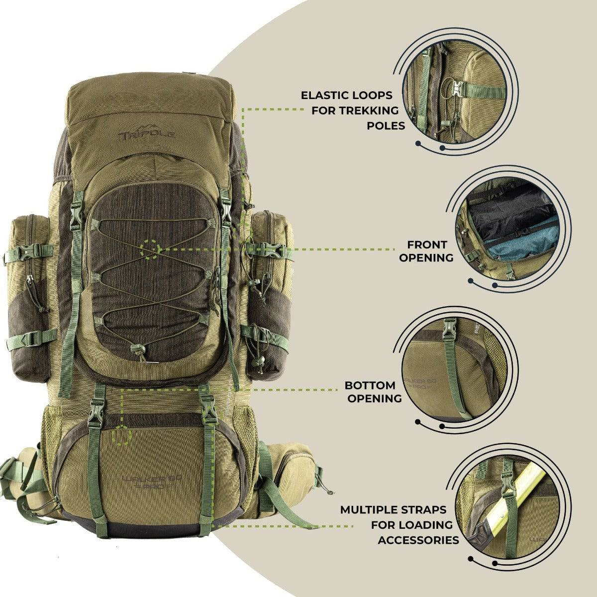 Tripole Walker Pro Trekking and Hiking Rucksack - 80 Litre - Olive ...